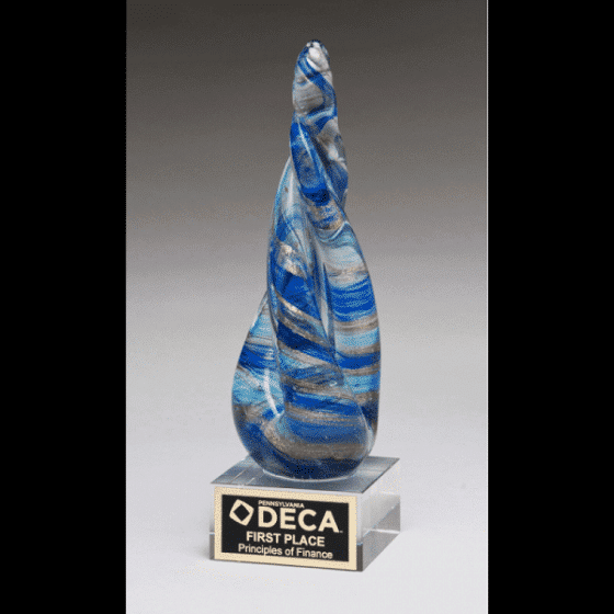 Art Glass Twist Award in Blue & Teal Colors & Gold Accents